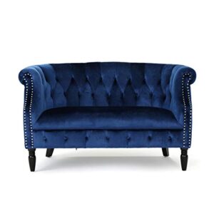 christopher knight home milani tufted scroll arm velvet loveseat, navy blue / dark brown