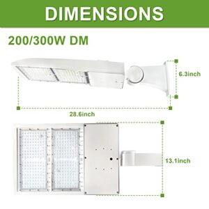 300W White LED Parking Lot Lights, LED Shoebox Pole Light, 40500Lm, 100-277Volt, Adjustable Direct Arms Mount, 1-10V Dimmable 700-1000W MH/HPS Replacement Lighting Fixture 100-277V