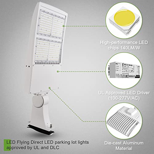 300W White LED Parking Lot Lights, LED Shoebox Pole Light, 40500Lm, 100-277Volt, Adjustable Direct Arms Mount, 1-10V Dimmable 700-1000W MH/HPS Replacement Lighting Fixture 100-277V