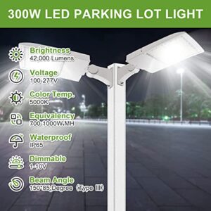 300W White LED Parking Lot Lights, LED Shoebox Pole Light, 40500Lm, 100-277Volt, Adjustable Direct Arms Mount, 1-10V Dimmable 700-1000W MH/HPS Replacement Lighting Fixture 100-277V