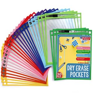 bonbela dry erase pockets - 30 pack easywipexl heavy duty sheet protectors quickly wipe to a flawless clean - save a bundle on 10 x 13 reusable dry erase sheets sleeves for work & school worksheets