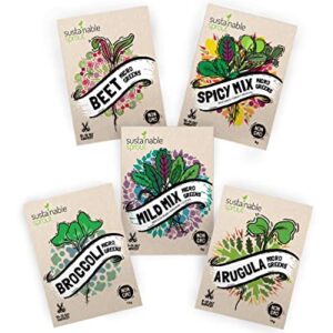 Microgreens Seeds Kit – Micro Greens Sprout Seeds Variety 5 Pack – Includes Broccoli, Beets, Arugula, Spicy and Mild Mix Microgreen Seeds for Planting and Sprouting Indoor – 100% Non-GMO