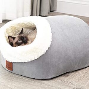 Miss Meow Cat Bed for Indoor Cats,Medium Large Cats Cave Bed,Machine Washable Slip Resistant Bottom,Ultra Soft Plush Cushion (Gray Cave)