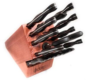 cutco 21 piece kitchen knife set with cherry finish oak block, 8 table knives, paring knife, trimmers, santoku chopper chef knife, carver, slicer, cheese knife, turning fork, shears, peeler, sharpener