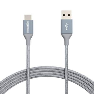 amazon basics usb-c to usb-a 2.0 fast charging cable, nylon braided cord, 480mbps transfer speed, 10 foot, dark gray