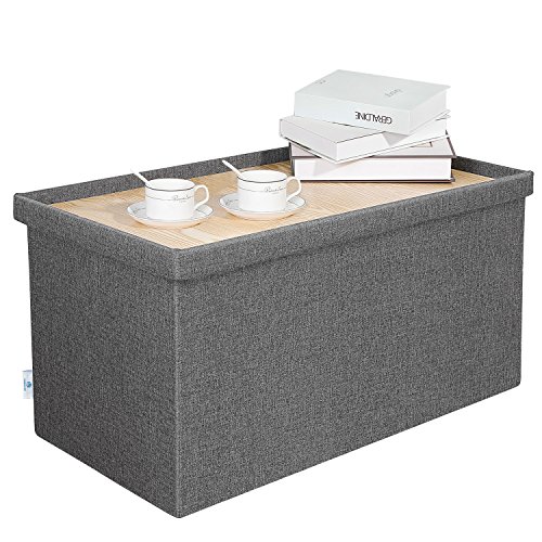 B FSOBEIIALEO Storage Ottoman with Tray, Linen Coffee Table Folding Long Shoes Bench Footstool, Dark Grey 30"x15.74"x15"