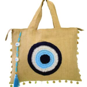 KarensLine Handmade Evil Eye Beach Bags Eco Friendly Bags Shoulder Bag Women Zipper Closure Wipeable Inner Lining