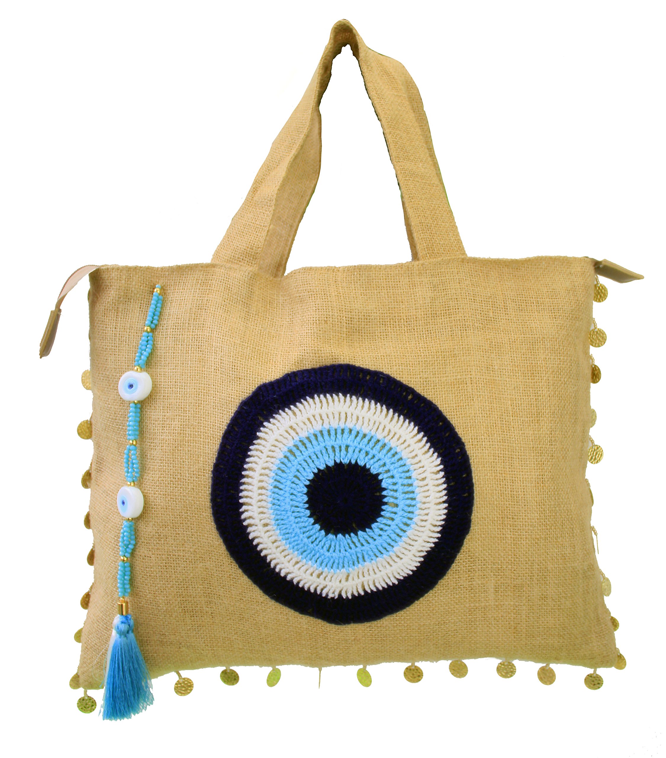 KarensLine Handmade Evil Eye Beach Bags Eco Friendly Bags Shoulder Bag Women Zipper Closure Wipeable Inner Lining