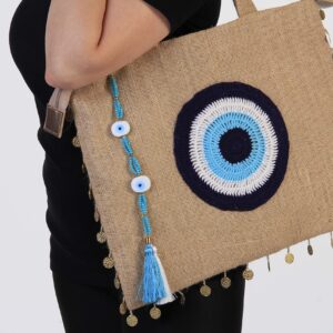 KarensLine Handmade Evil Eye Beach Bags Eco Friendly Bags Shoulder Bag Women Zipper Closure Wipeable Inner Lining