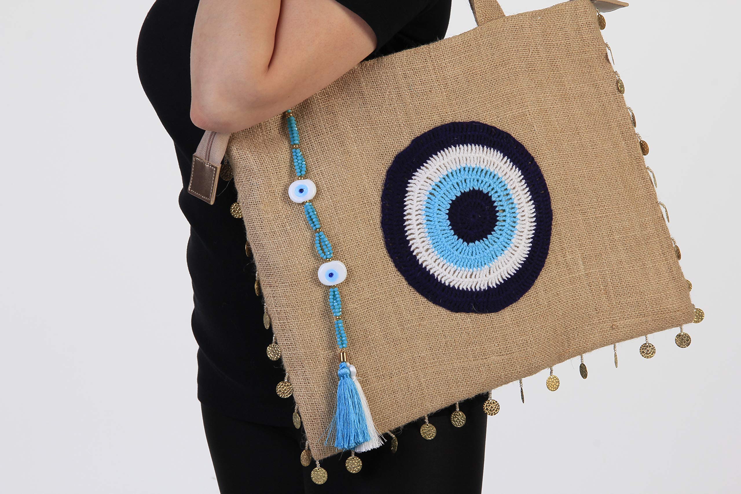 KarensLine Handmade Evil Eye Beach Bags Eco Friendly Bags Shoulder Bag Women Zipper Closure Wipeable Inner Lining