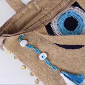 KarensLine Handmade Evil Eye Beach Bags Eco Friendly Bags Shoulder Bag Women Zipper Closure Wipeable Inner Lining