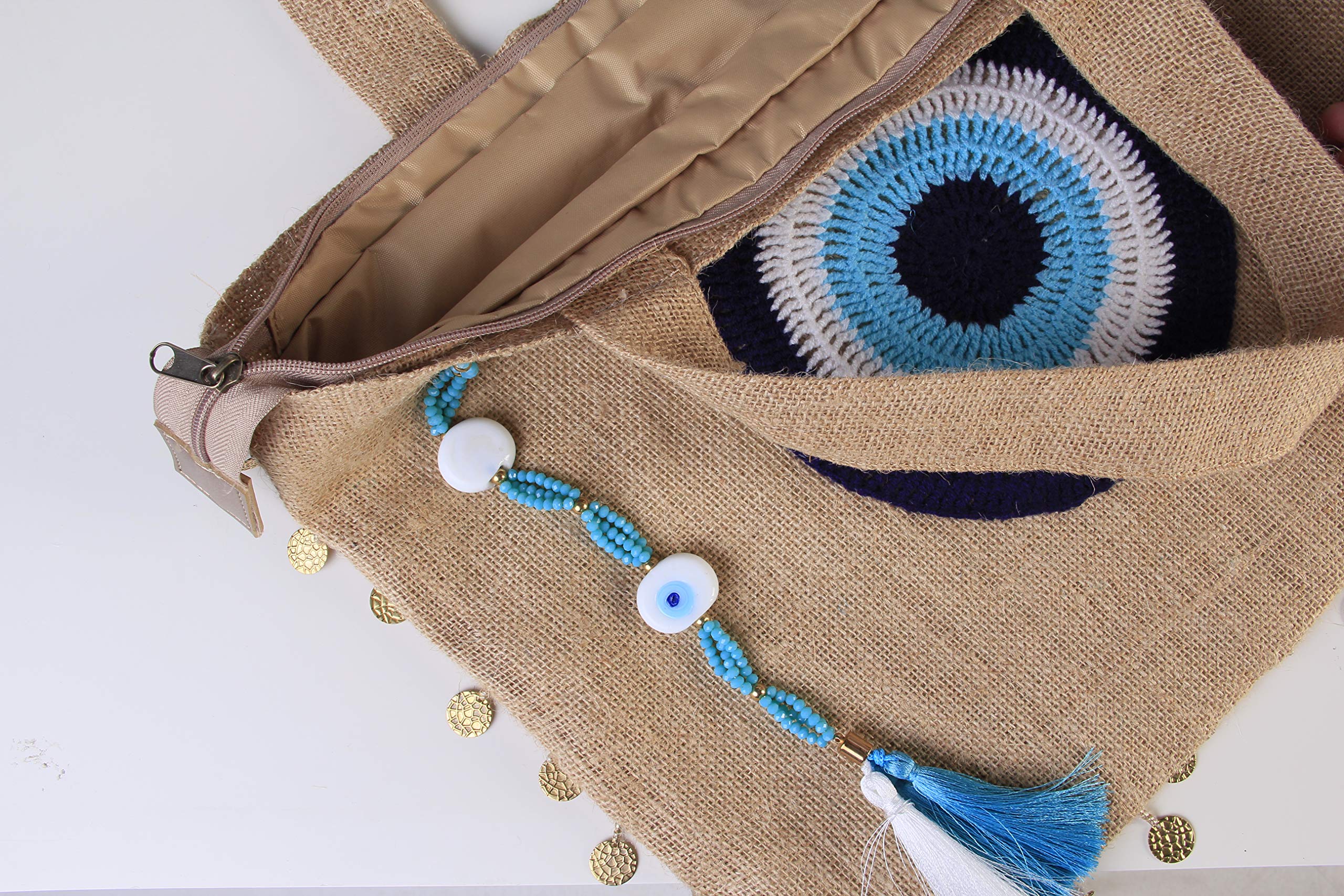 KarensLine Handmade Evil Eye Beach Bags Eco Friendly Bags Shoulder Bag Women Zipper Closure Wipeable Inner Lining