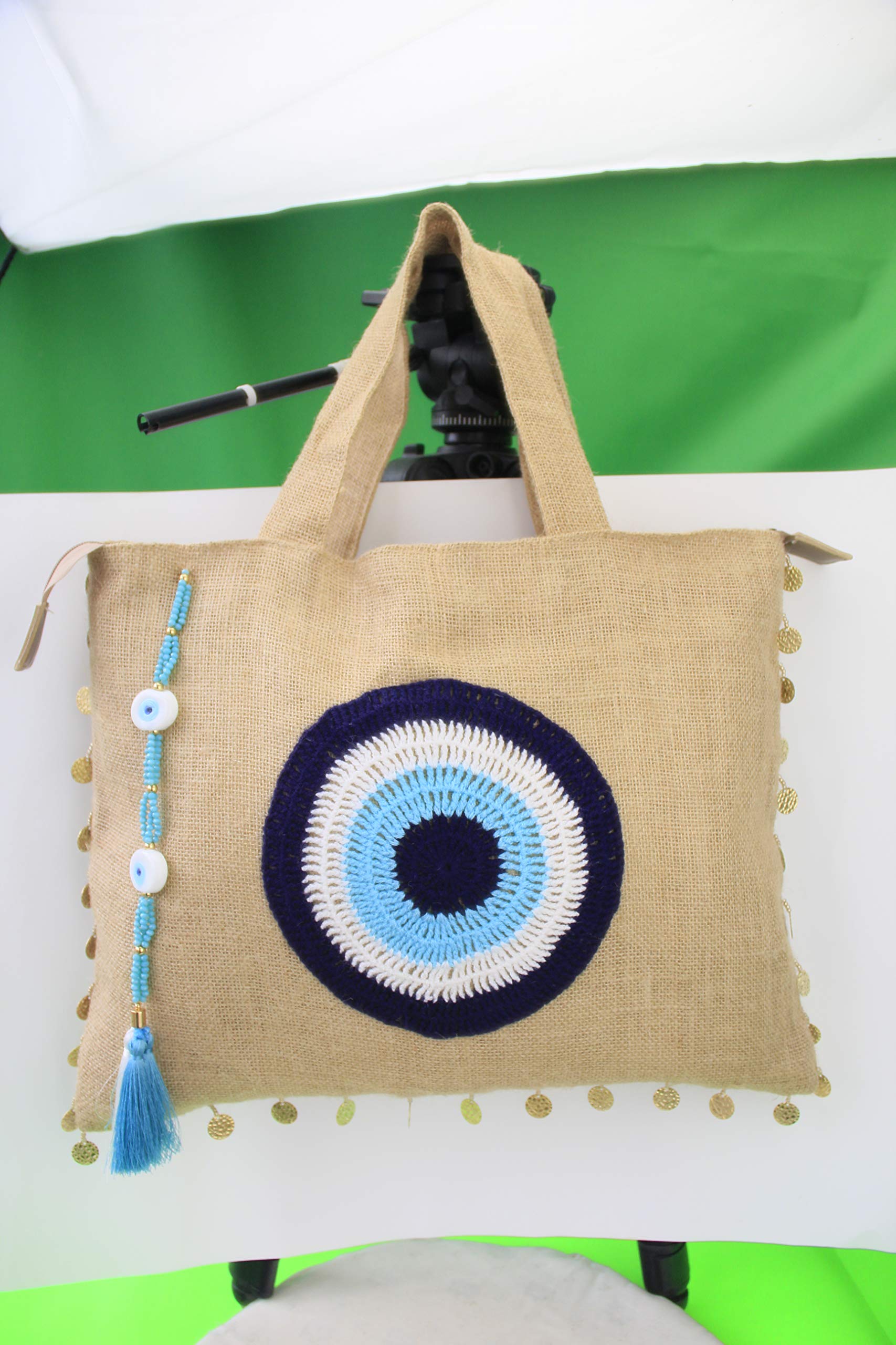 KarensLine Handmade Evil Eye Beach Bags Eco Friendly Bags Shoulder Bag Women Zipper Closure Wipeable Inner Lining