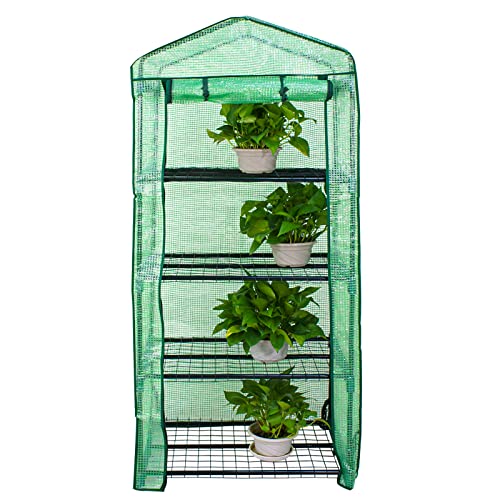 HOMGARDEN 4-Tier Mini Greenhouse Portable Plant Flower Shelf Tent w/PE Cover Roll-Up Zipper Door for Lawn Patio Garden Indoor Outdoors