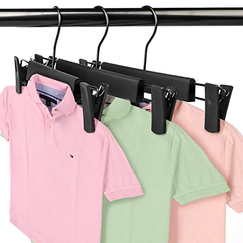 WEYANG Clothes Hangers Black Plastic Clothes Pants Hangers with 2-Adjustable Anti-Rust Clips Skirt Hangers and 360 Rotatable Hook Trousers Jean Hangers Pack of 10