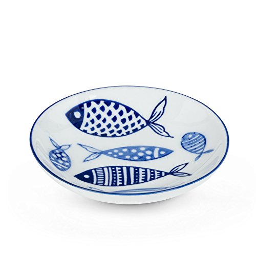 Abbott Collection 27-BLUEFISH-032 Round Shallow Dish, 4" Diameter, White and Blue