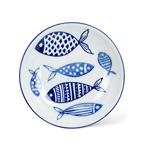 Abbott Collection 27-BLUEFISH-032 Round Shallow Dish, 4" Diameter, White and Blue