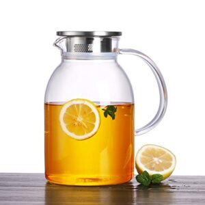 75 ounces large heat resistant glass beverage pitcher with stainless steel lid, borosilicate water carafe with spout and handle, perfect for homemade juice and iced tea