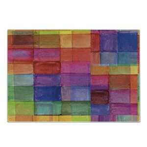 ambesonne abstract cutting board, rainbow colored geometric square shaped blurry effects watercolor design, decorative tempered glass cutting and serving board, large size, multicolor