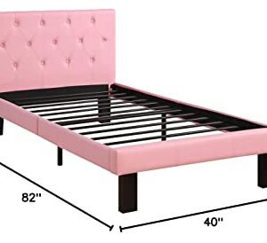 Benjara Faux Leather Upholstered Twin Bed With Tufted Headboard, Pink