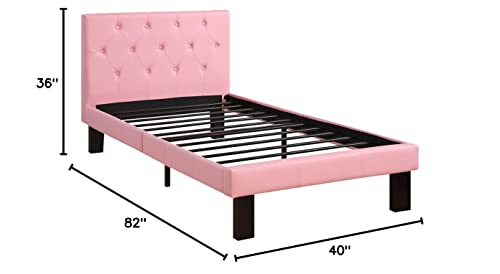 Benjara Faux Leather Upholstered Twin Bed With Tufted Headboard, Pink