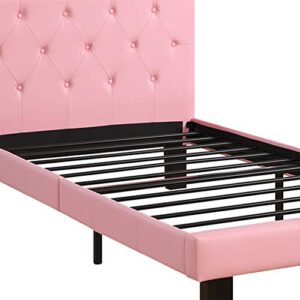 Benjara Faux Leather Upholstered Twin Bed With Tufted Headboard, Pink