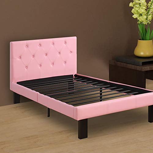 Benjara Faux Leather Upholstered Twin Bed With Tufted Headboard, Pink