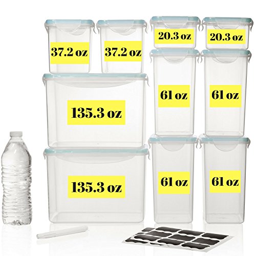 Razab Tall Wide DEEP Food Storage Containers - Sugar, Flour Plastic Containers 20 pc (Set of 10) - 18 Free Labels & Marker - Airtight, Leakproof, BPA Free - Microwave, Freezer & Dishwasher Safe