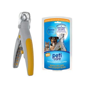 allstar innovations peticare led light pet nail clipper- great for trimming cats & dogs nails & claws, 5x magnification that doubles as a nail trapper, quick-clip, steel blades