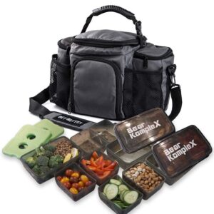 bear komplex insulated meal prep management lunch bag, 6 compartment lunch box cooler tote with 3 microwave dishwasher safe portion control containers, reusable ice pack, free recipe e-book included