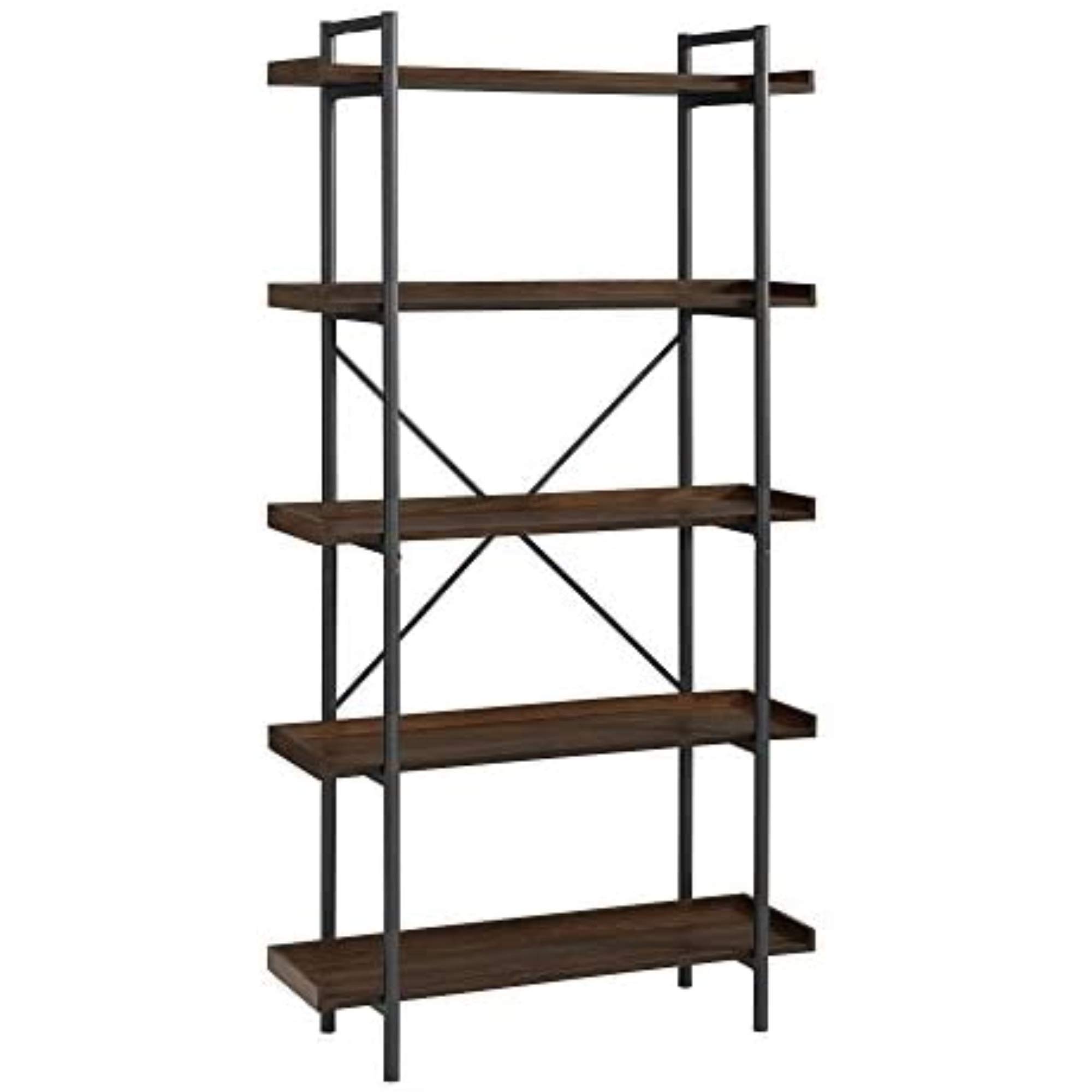 Walker Edison 5 Shelf Industrial Wood Metal Bookcase Tall Bookshelf Storage Home Office, 68 Inch, Dark Walnut