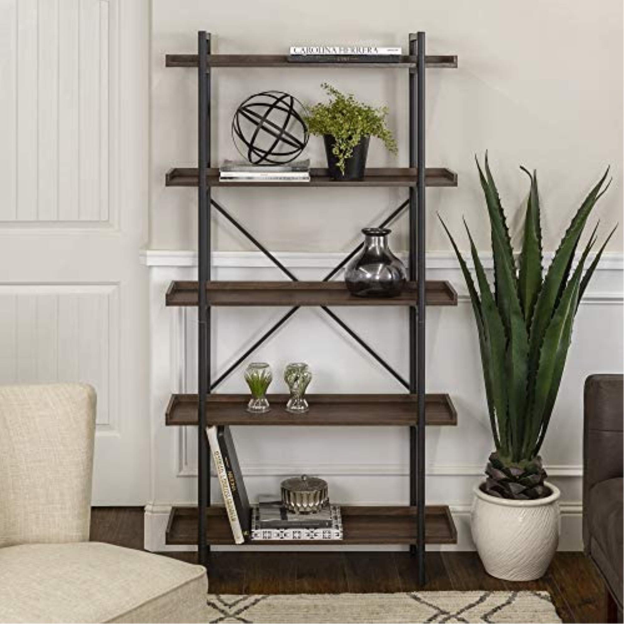 Walker Edison 5 Shelf Industrial Wood Metal Bookcase Tall Bookshelf Storage Home Office, 68 Inch, Dark Walnut