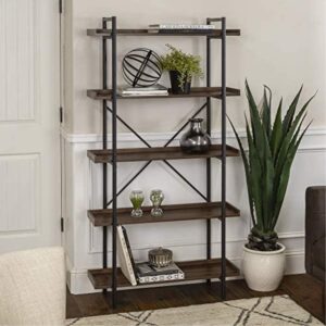 Walker Edison 5 Shelf Industrial Wood Metal Bookcase Tall Bookshelf Storage Home Office, 68 Inch, Dark Walnut