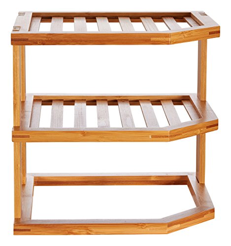 Home Intuition 3-Tier Bamboo Wood Corner Rack for Plates, Mugs Kitchen Pantry Cabinet Storage Shelf, 10" x 10" x 9-1/2"