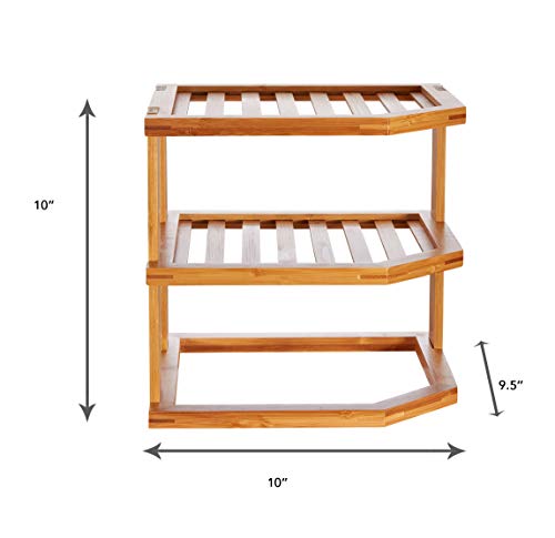 Home Intuition 3-Tier Bamboo Wood Corner Rack for Plates, Mugs Kitchen Pantry Cabinet Storage Shelf, 10" x 10" x 9-1/2"