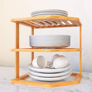 Home Intuition 3-Tier Bamboo Wood Corner Rack for Plates, Mugs Kitchen Pantry Cabinet Storage Shelf, 10" x 10" x 9-1/2"