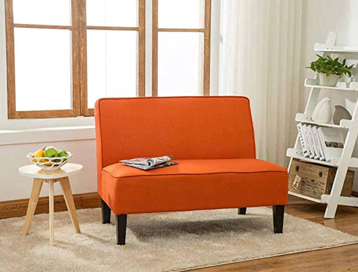 Yongqiang Small Loveseat Sofa for Living Room Bedroom Dining Room Fabric Settee Mini Couch Upholstered Armless Banquette Bench Orange