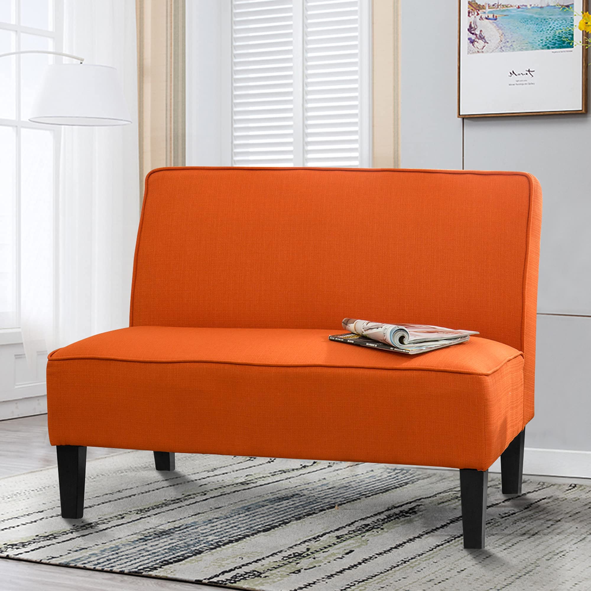 Yongqiang Small Loveseat Sofa for Living Room Bedroom Dining Room Fabric Settee Mini Couch Upholstered Armless Banquette Bench Orange