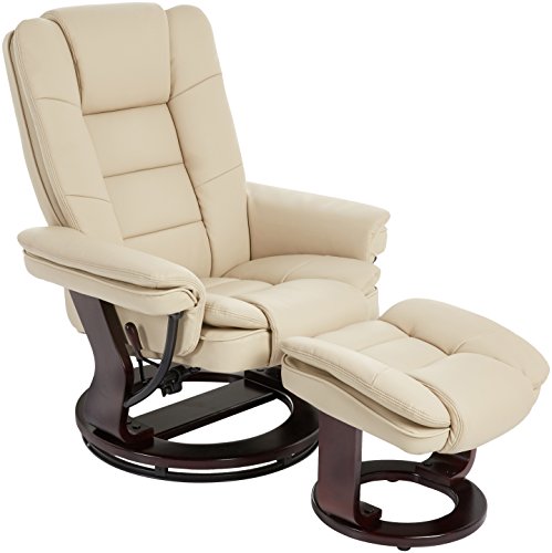 JC Home Argus Leather Recliner with Ottoman, Mahogany Wood Base, Ultra-Plush Double Foam Layered Reclining Bonded Leather Chair for Living Room and Office - (Vanilla)