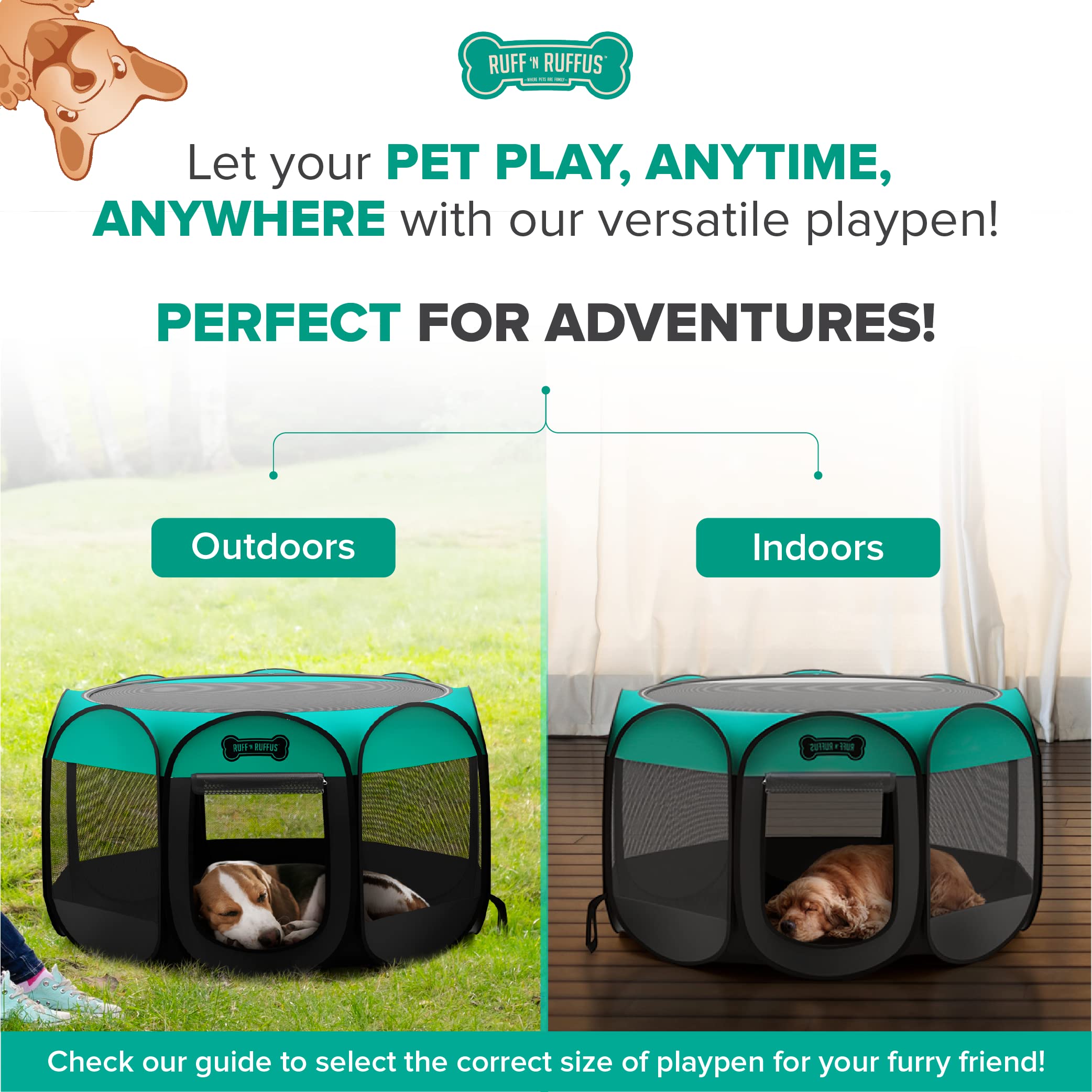 Ruff 'N Ruffus Portable Foldable Pet Playpen + Carrying Case + Travel Bowl | Available in 3 Sizes Indoor/Outdoor Water-Resistant Removable Shade Cover