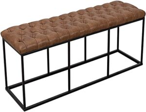 homepop faux leather button tufted decorative bench with metal base, brown