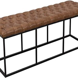 HomePop Faux Leather Button Tufted Decorative Bench with Metal Base, Brown