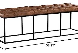 HomePop Faux Leather Button Tufted Decorative Bench with Metal Base, Brown