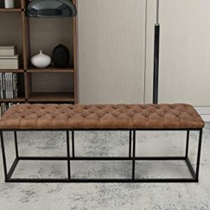 HomePop Faux Leather Button Tufted Decorative Bench with Metal Base, Brown