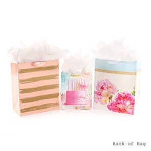 Hallmark Assorted Birthday Gift Bag Bundle with Tissue Paper (1 Medium and 2 Large Bags, Gold and Pink)