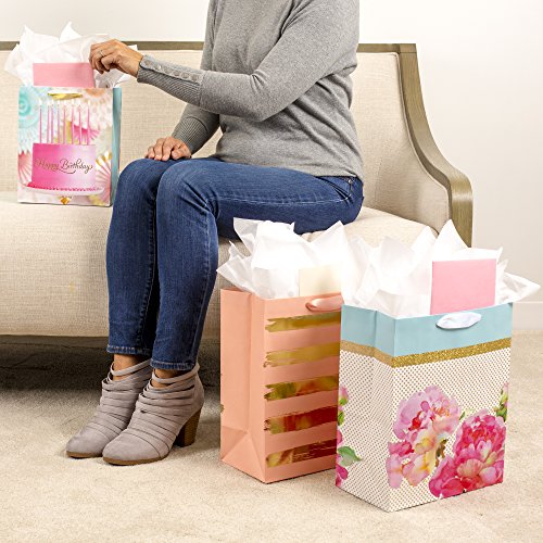 Hallmark Assorted Birthday Gift Bag Bundle with Tissue Paper (1 Medium and 2 Large Bags, Gold and Pink)