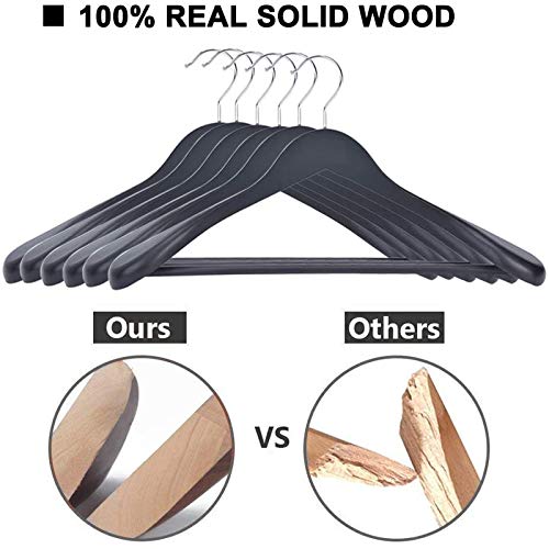 JS HANGER Wooden Suit Hangers, 6 Pack Extra-Wide Shoulder Wood Coat Hangers with Non Slip Pant Bar, Extra Smooth and Splinter Free Black Finish