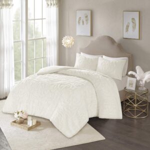 madison park laetitia 100% cotton duvet set - chenille tufted medallion design, all season cozy bedding shabby chic comforter cover, matching shams, floral off white king/cal king(104"x92") 3 piece