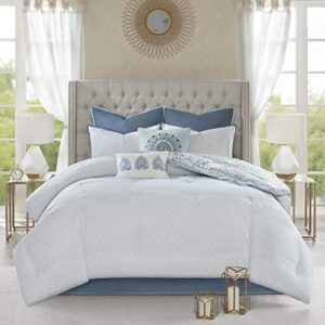 Madison Park Reversible Cotton Comforter Season Set, Matching Bed Skirt, Decorative Pillows, King(104"x92"), Isla, Floral Medallion Blue 8 Piece