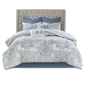 Madison Park Reversible Cotton Comforter Season Set, Matching Bed Skirt, Decorative Pillows, King(104"x92"), Isla, Floral Medallion Blue 8 Piece